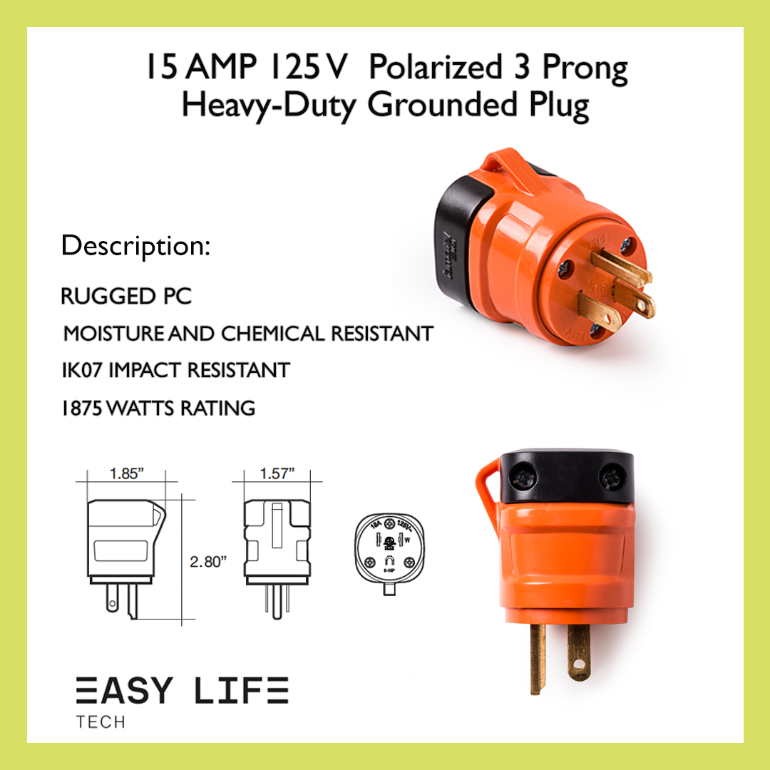 15 Amp 125V Polarized 3 Prong Heavy-Duty Grounded Plug Replacement ...