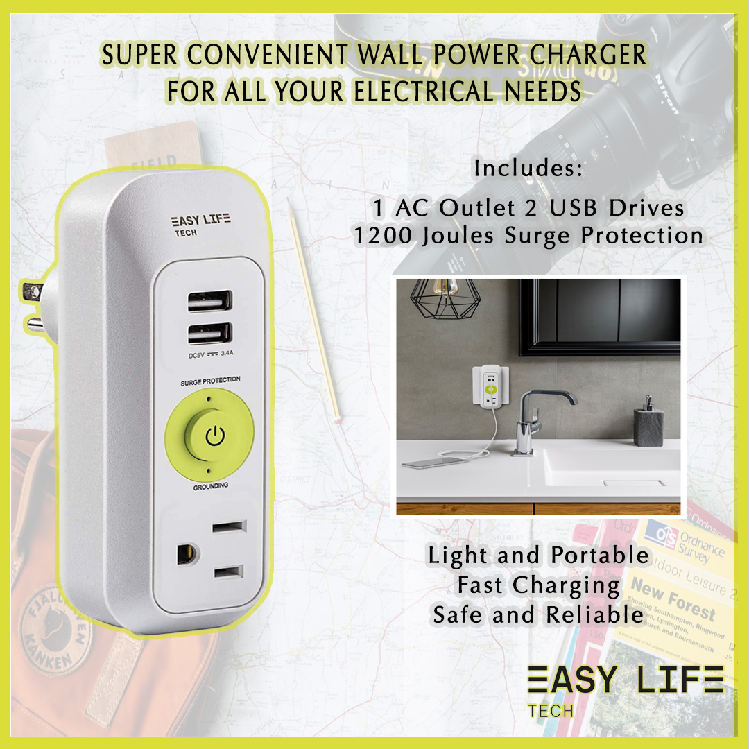 Compact and convenient wall power charger with 1 AC outlet and 2 usb ...